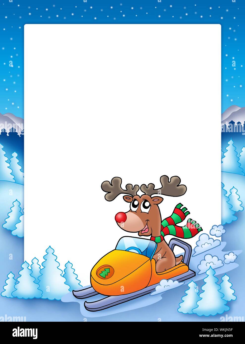 Frame with reindeer riding scooter - color illustration Stock Photo - Alamy
