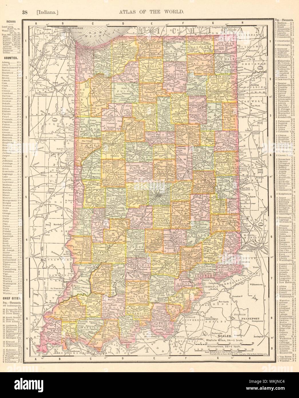 Indiana state map showing counties. RAND MCNALLY 1906 old antique chart ...