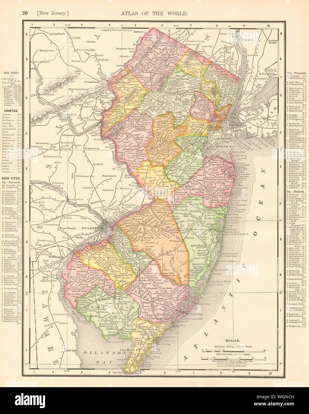 New Jersey state map showing counties. RAND MCNALLY 1906 old antique ...