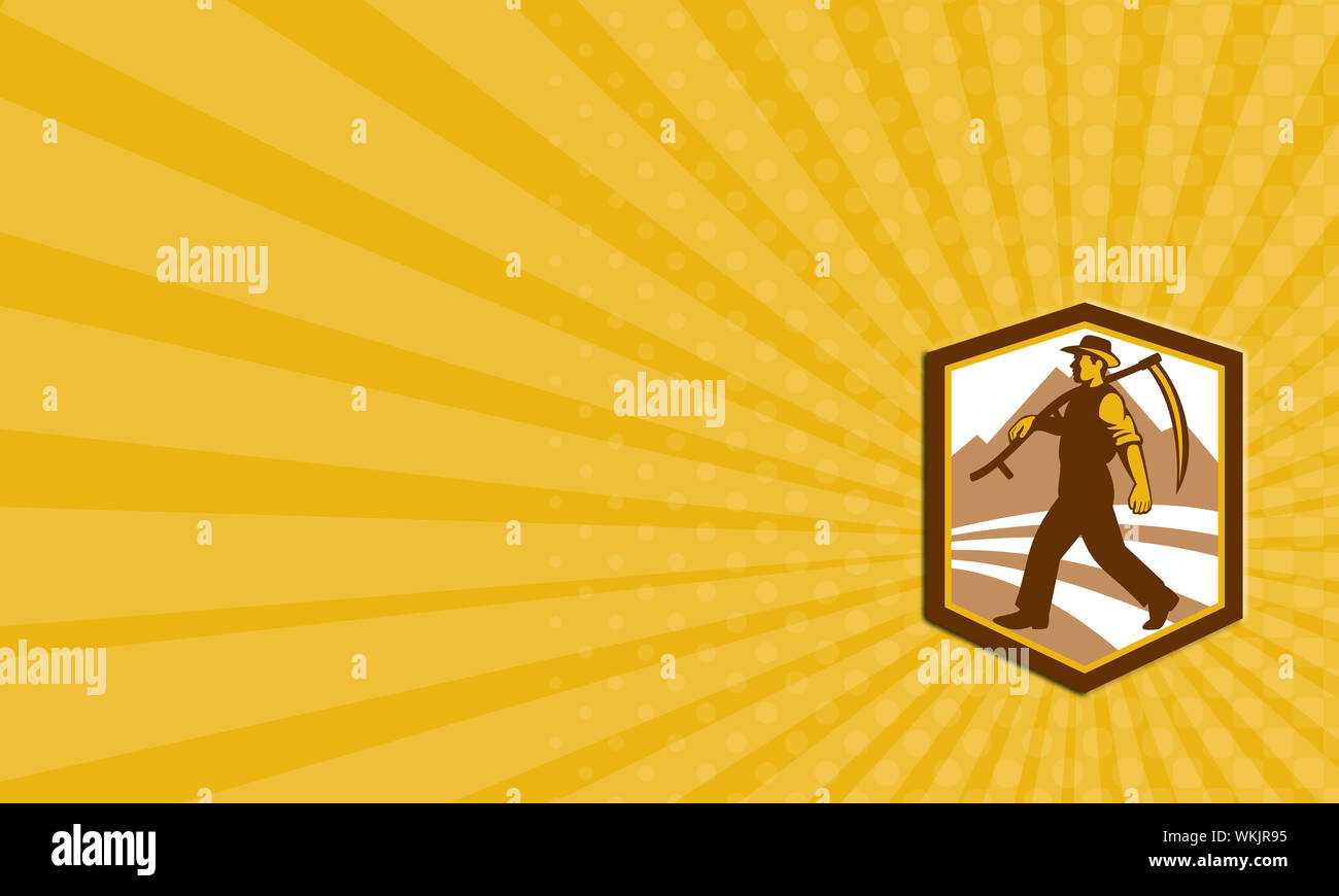 Business card showing illustration of a farmer farm worker holding ...