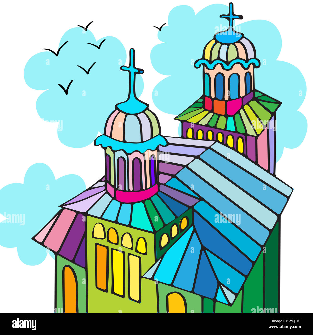 Hand drawn cartoon illustration of an orthodox church under a cloudy ...