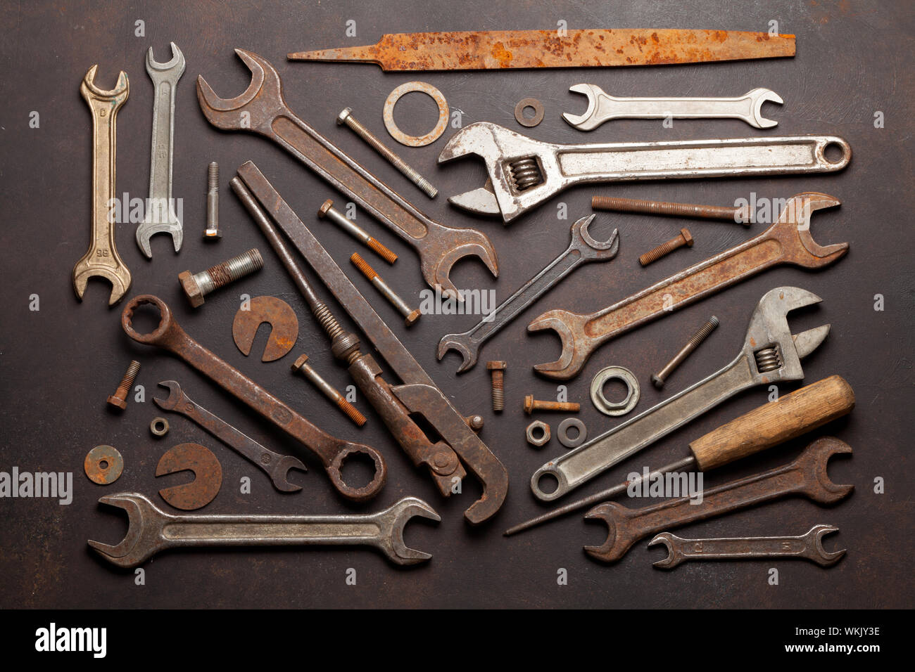 Vintage old tools on stone backdrop. Top view. Flat lay Stock Photo - Alamy