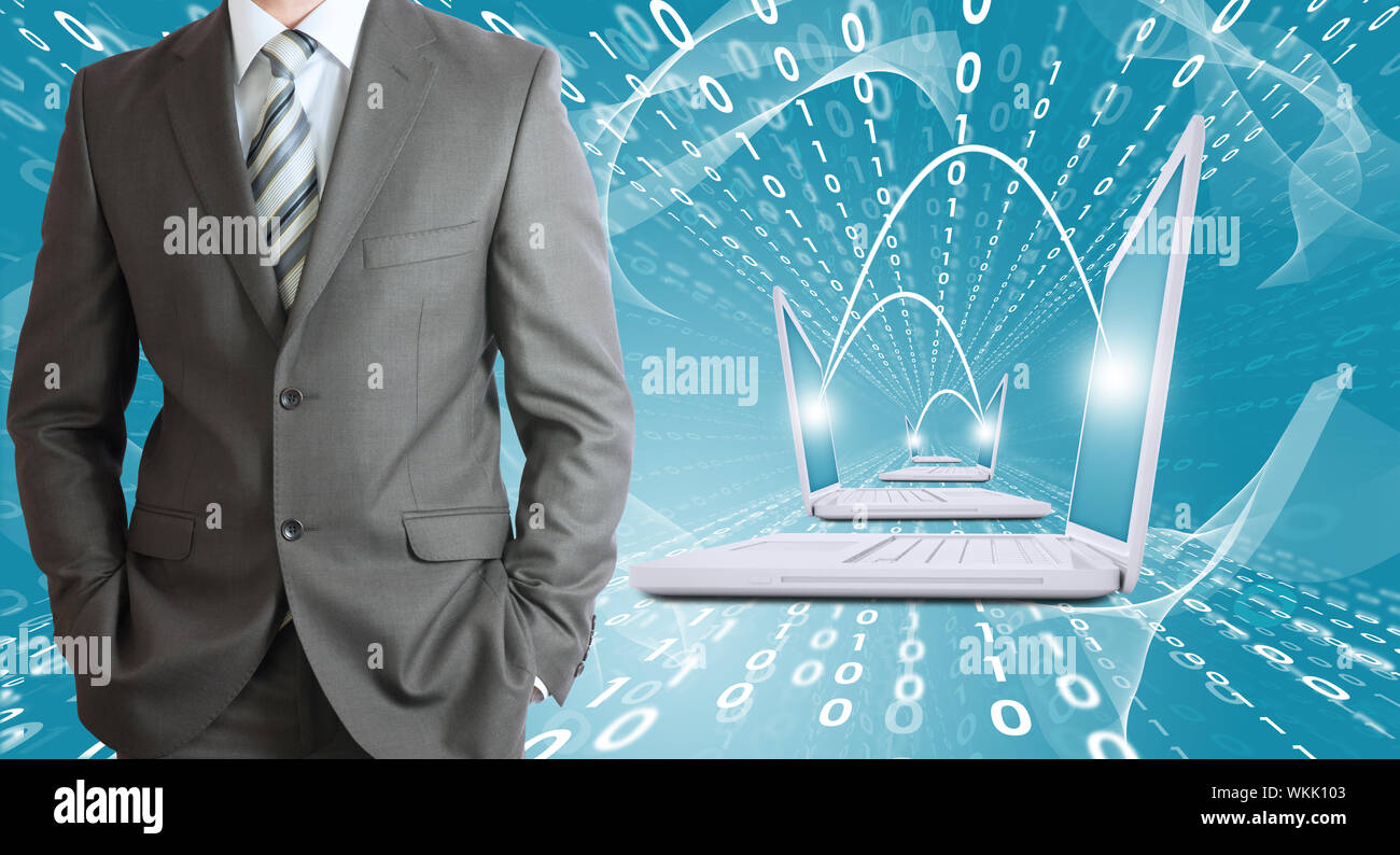 Businessmen with laptops. Figures as backdrop. Connections and network ...