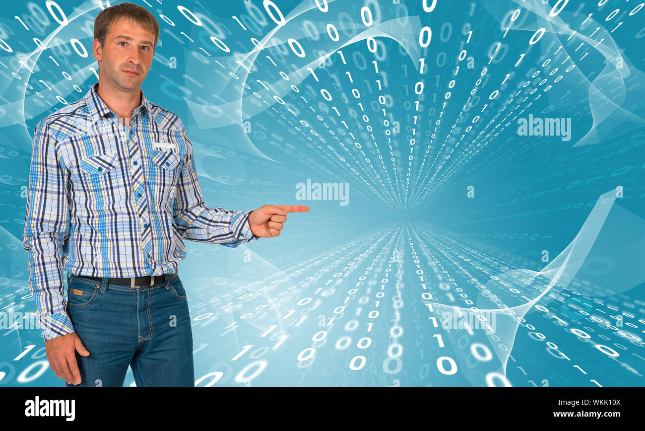 Man points with his left hand. Figures as backdrop. Connections and ...