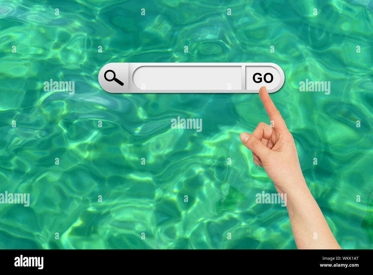 Human hand indicates the search bar in browser. Turquoise water surface ...