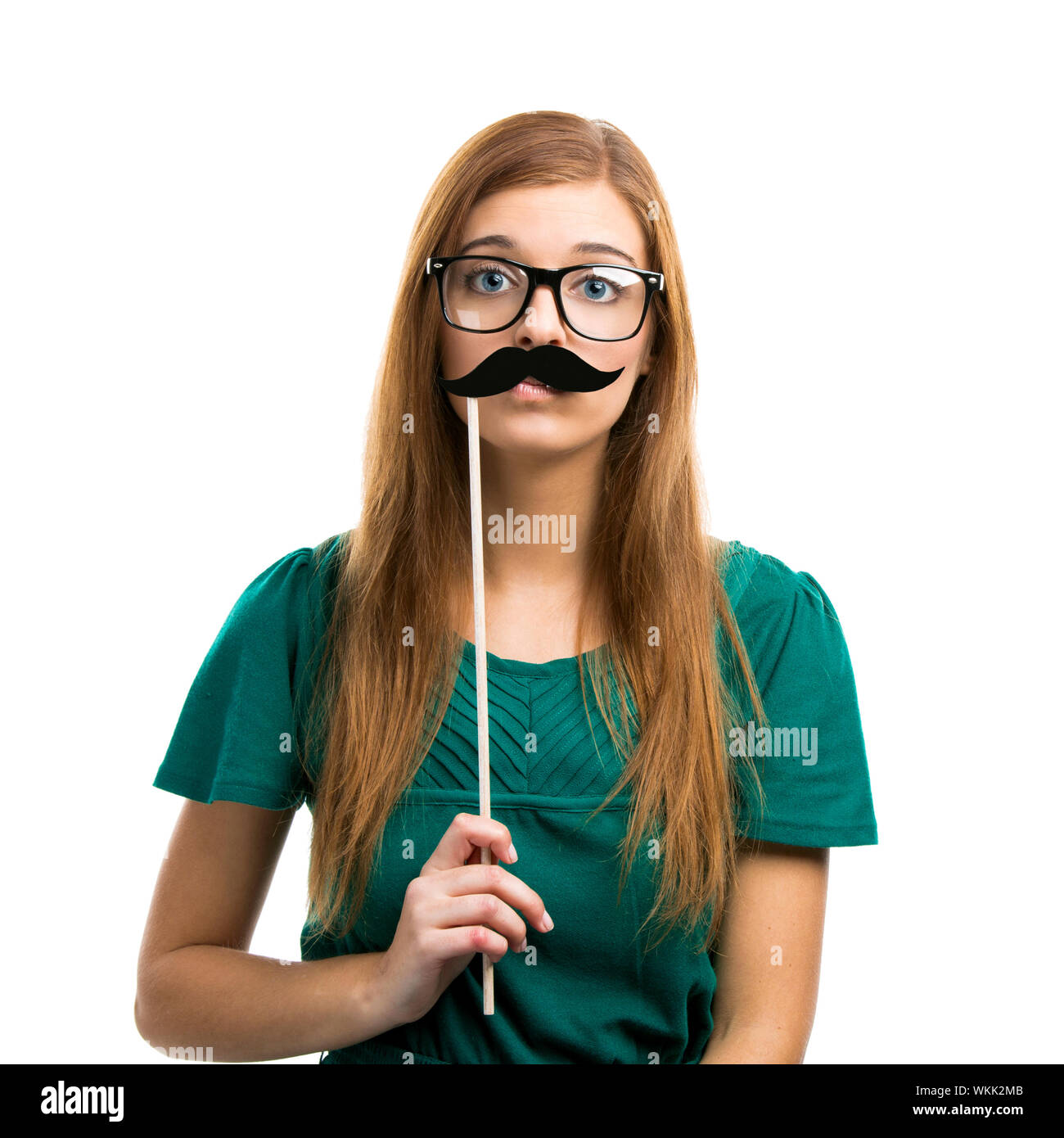 Portrait of a beautiful girl with a mustache isolated on white ...