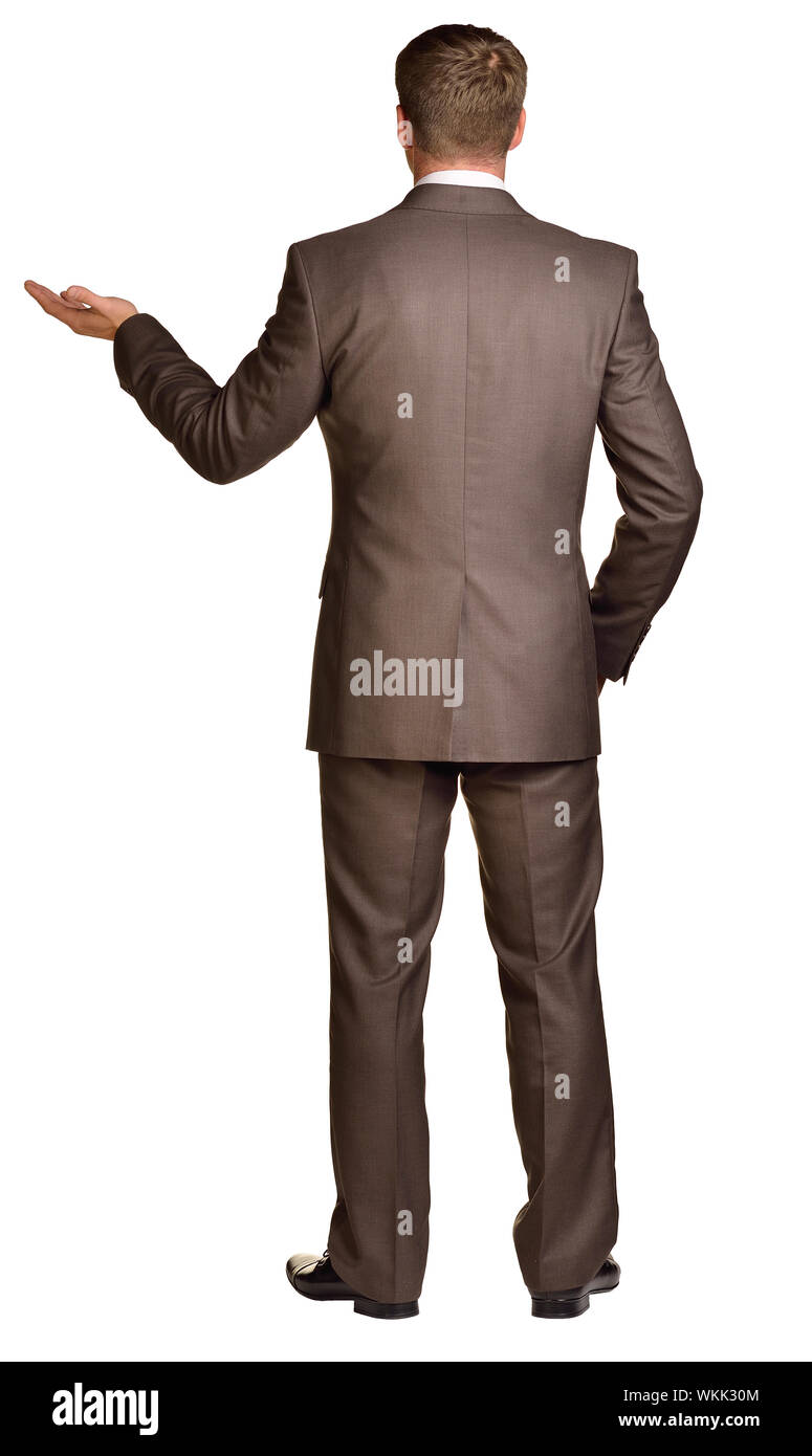 Businessman holds her hand. Rear view. Isolated white background Stock ...