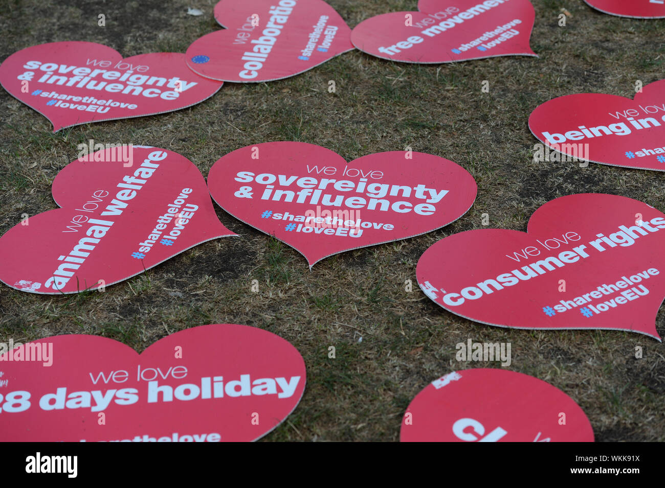 Heart shaped signs outside the Houses of Parliament in Westminster ...
