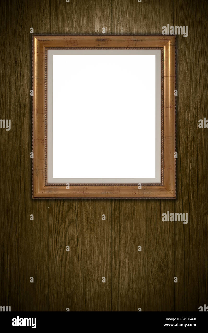 Old picture frame on vintage wood wall Stock Photo - Alamy