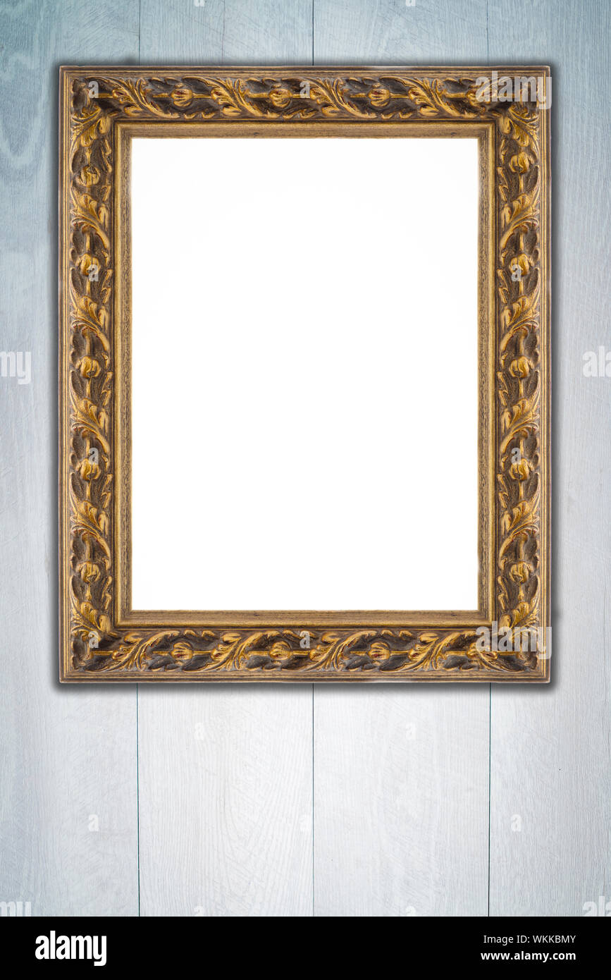 Old picture frame on vintage wood wall Stock Photo - Alamy