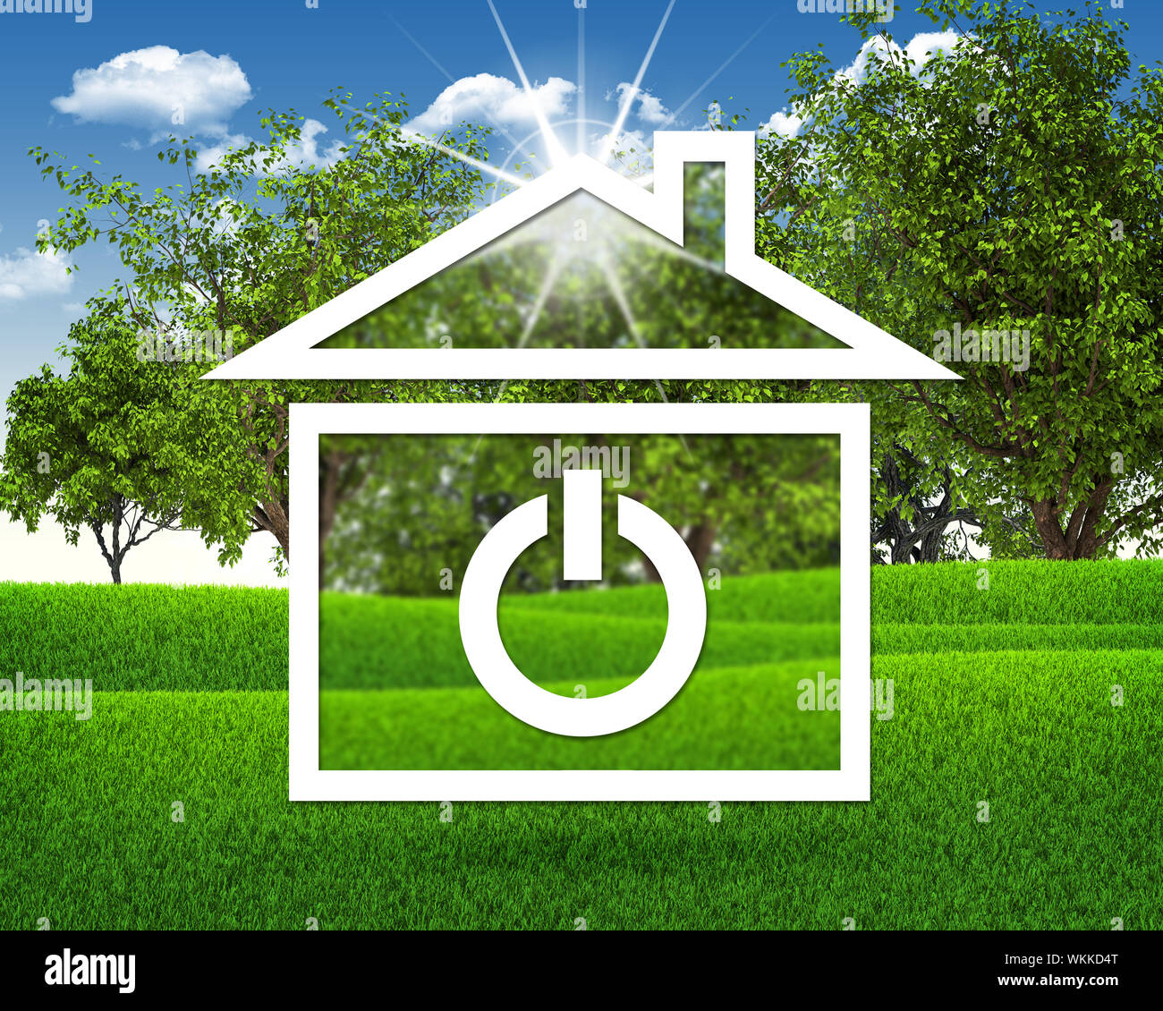 House icon with power button. Green grass and blue sky as backdrop ...