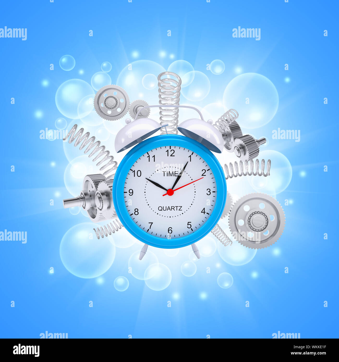 Alarm clock with springs and white gears. Blue background Stock Photo ...