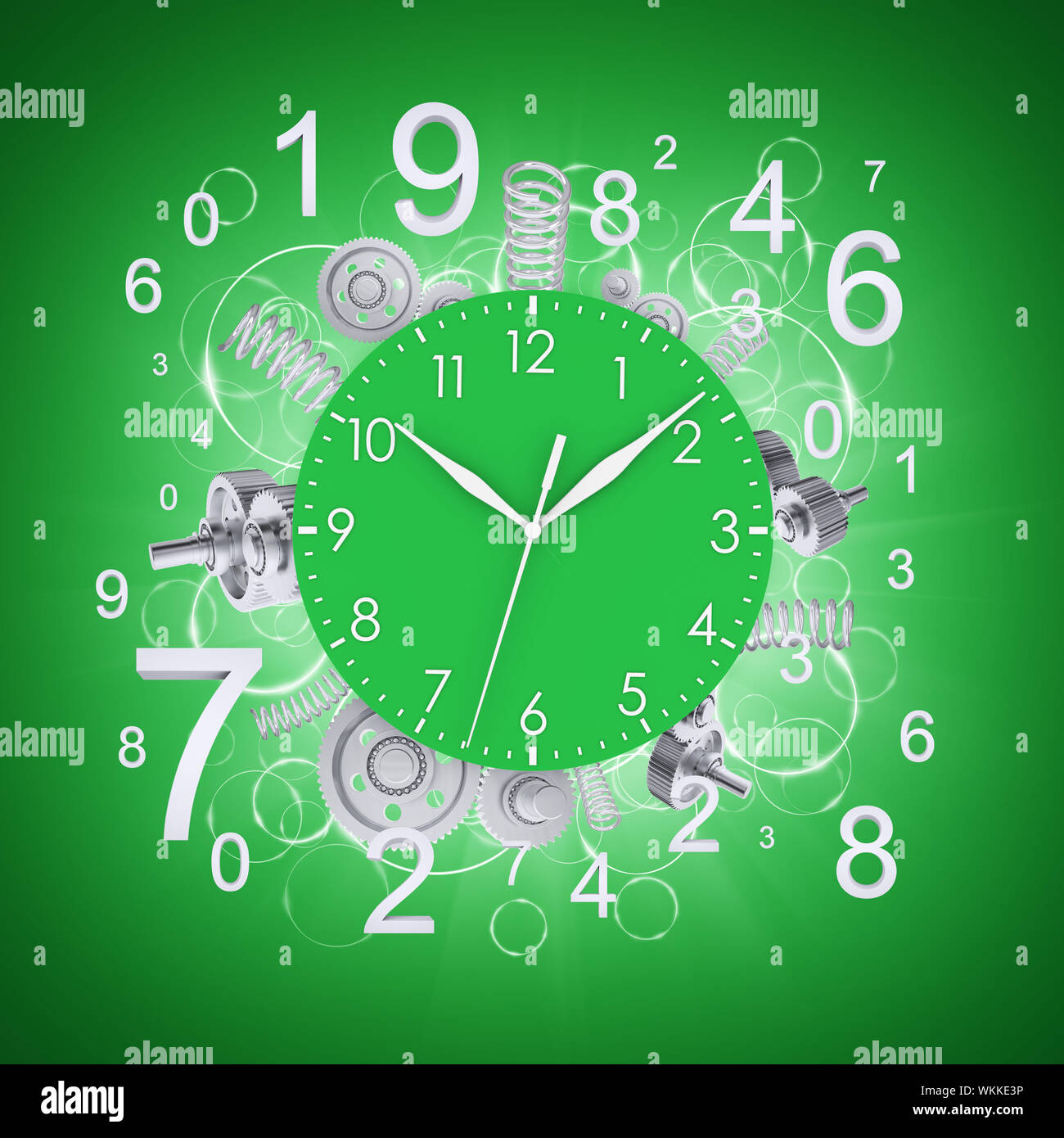 Clock face with springs and gears. Green background Stock Photo - Alamy