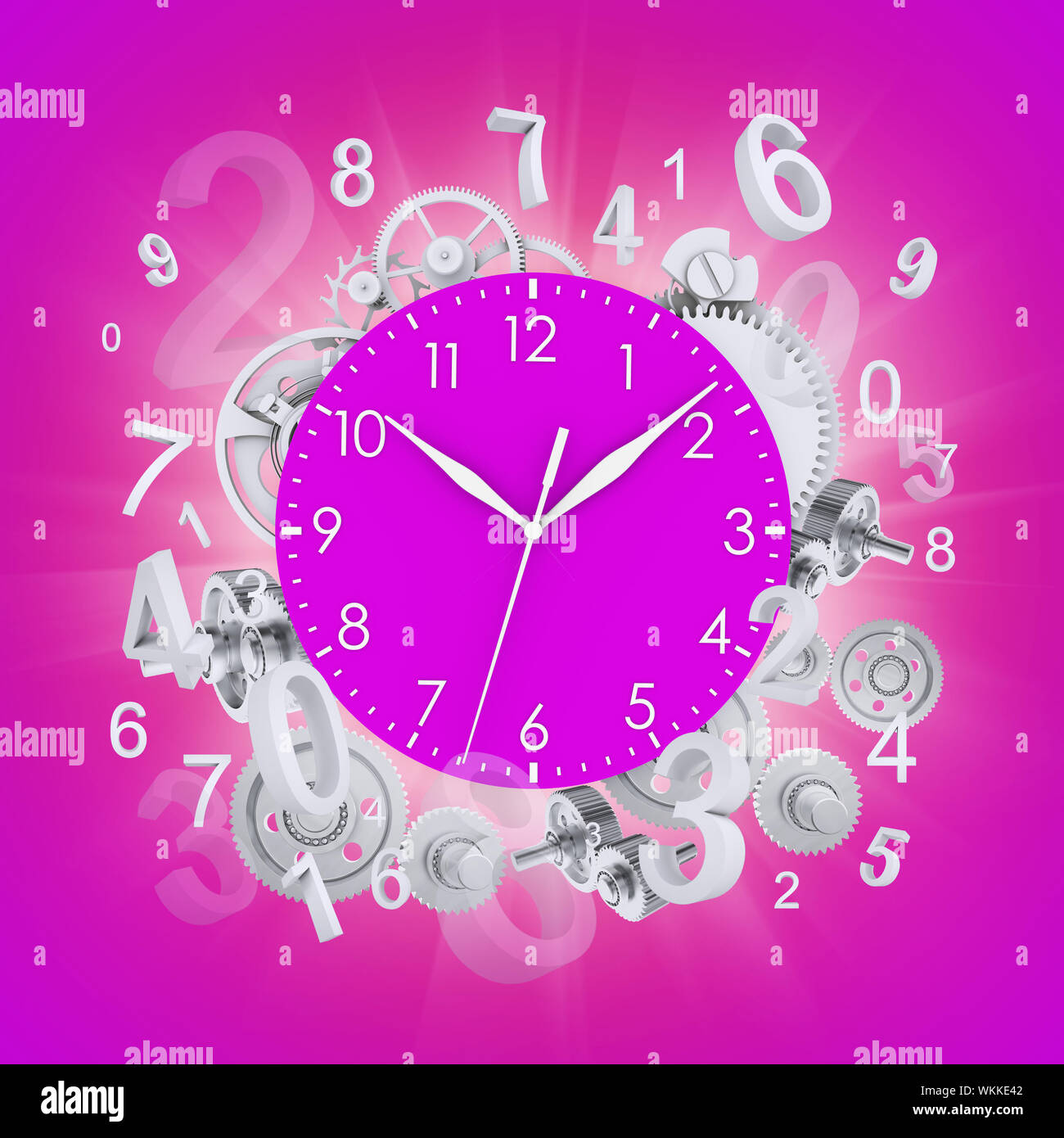 Clock face with springs and gears. Pink background Stock Photo - Alamy