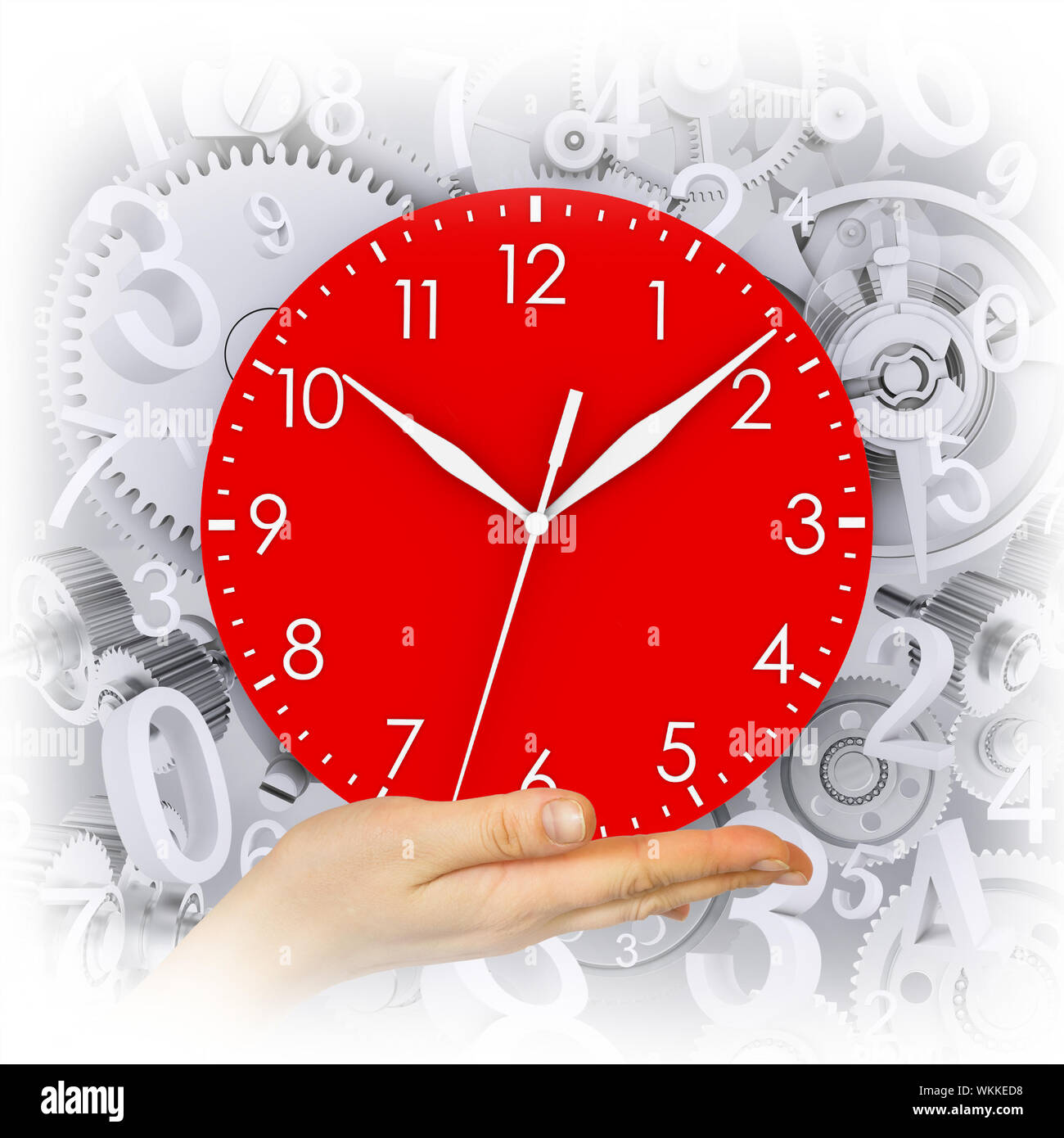 Hand hold clock with figures and gears. Blue background Stock Photo - Alamy