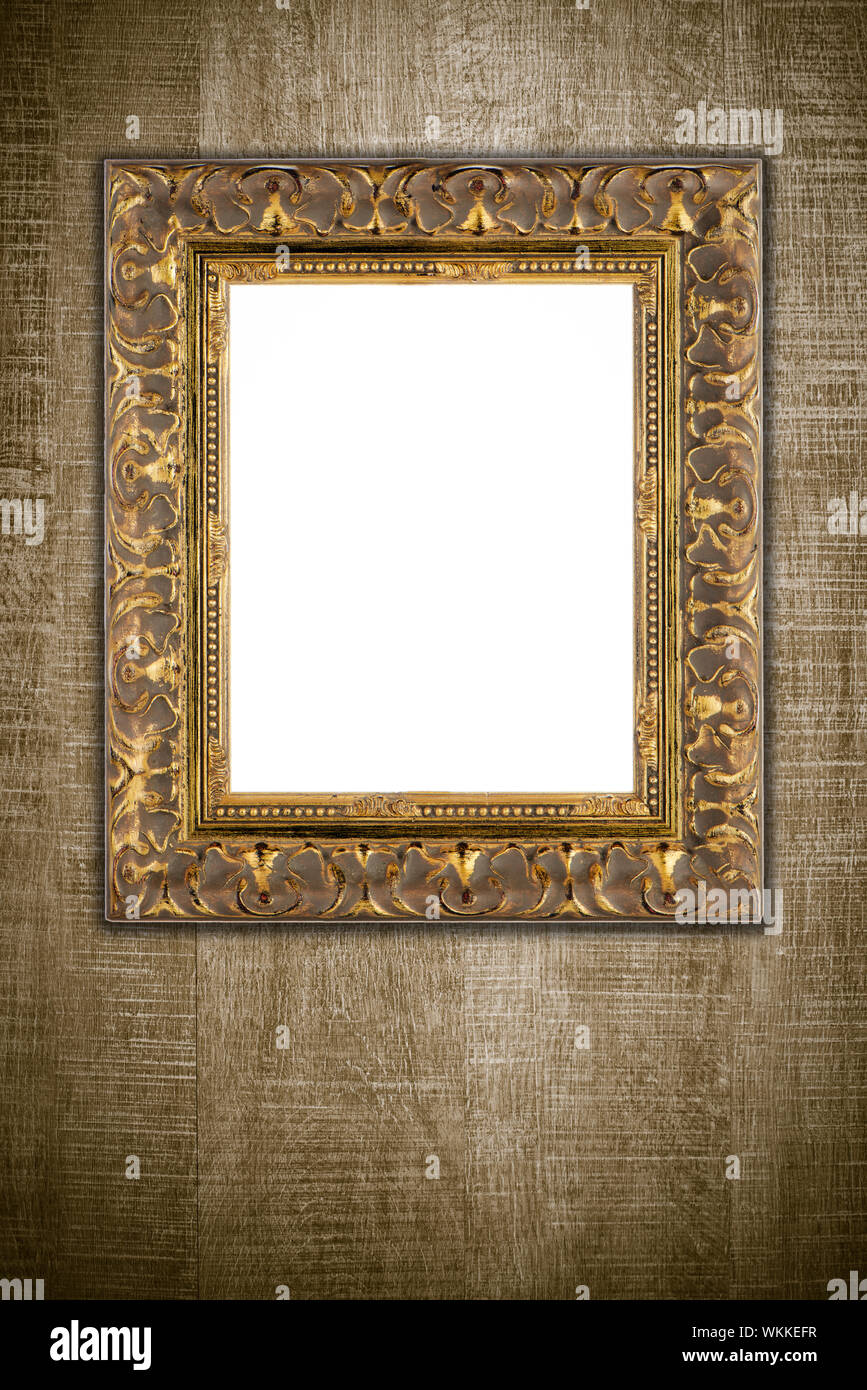 Old picture frame on vintage wood wall Stock Photo - Alamy