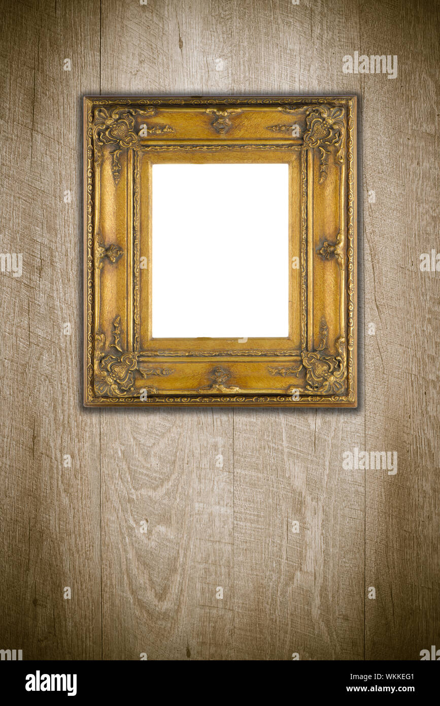 Old picture frame on vintage wood wall Stock Photo - Alamy