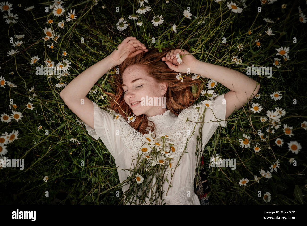 Beautiful Woman Enjoying Daisy Field Nice Female Lying Down In Meadow