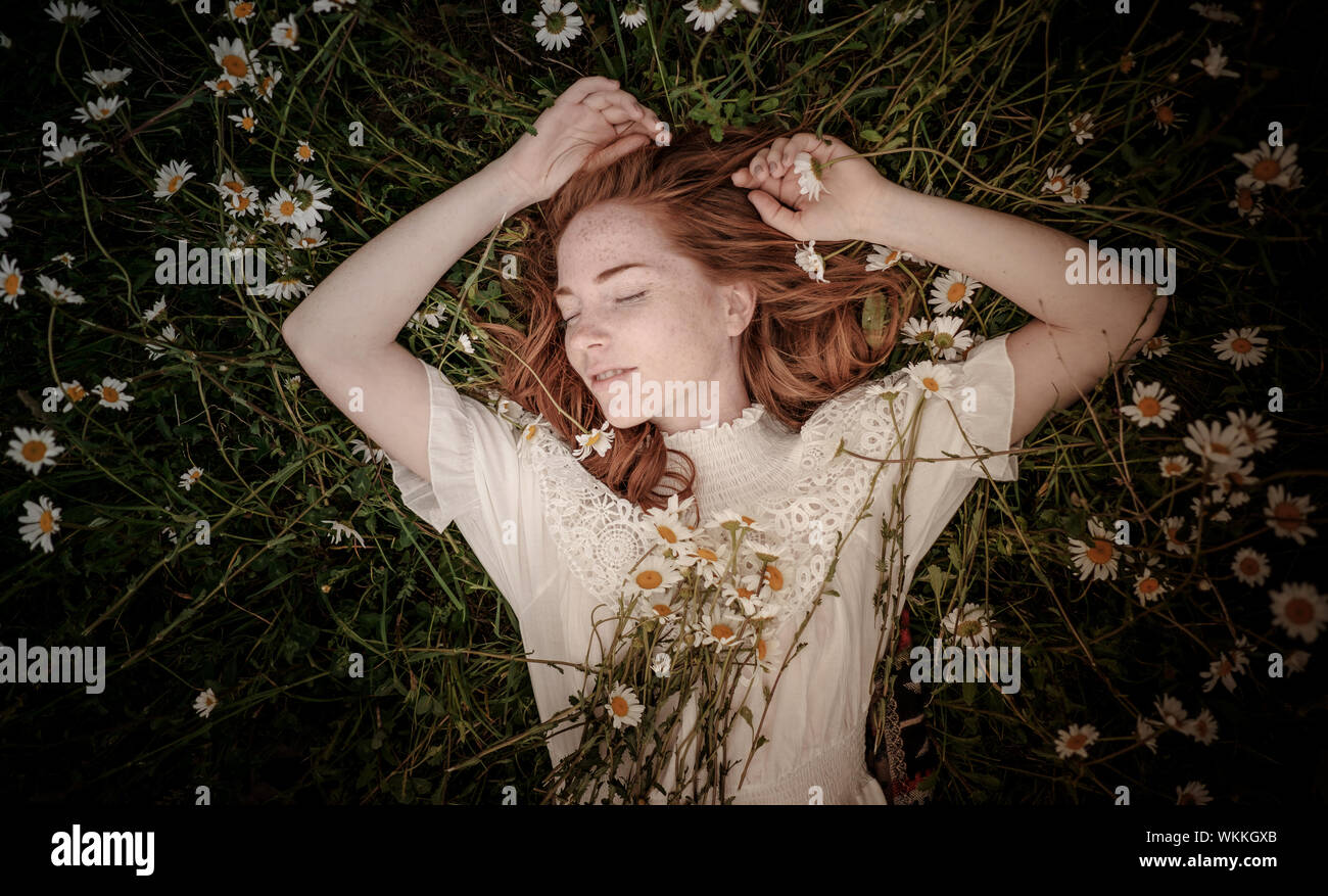 Beautiful Woman Enjoying Daisy Field Nice Female Lying Down In Meadow