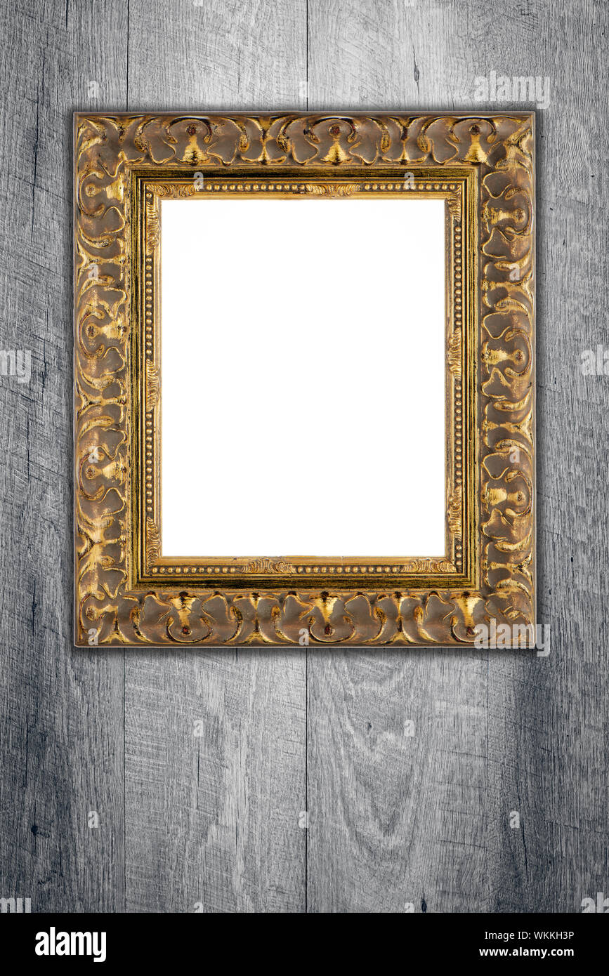 Old picture frame on vintage wood wall Stock Photo - Alamy