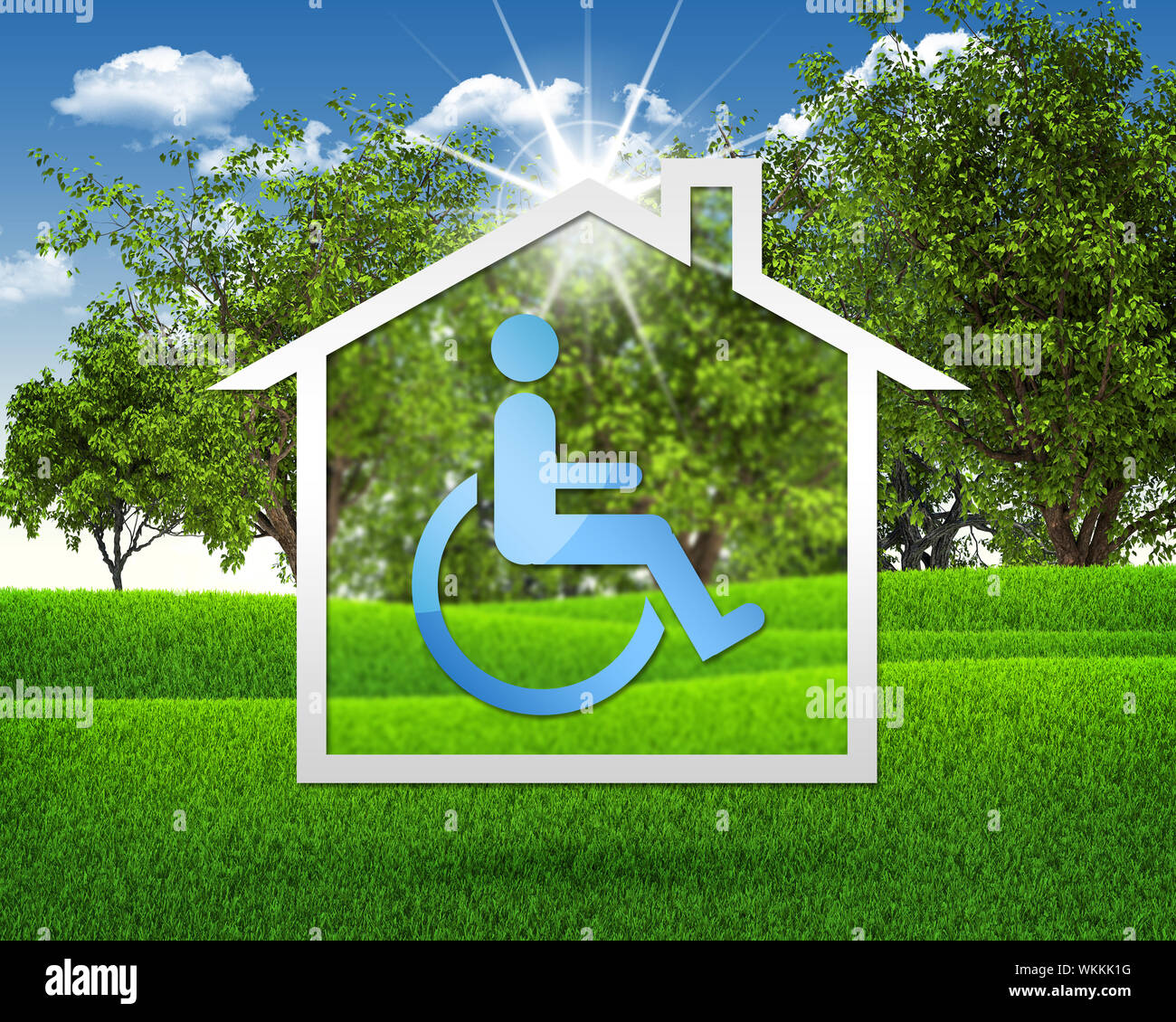 House icon with handicap symbol. Green grass and blue sky as backdrop ...
