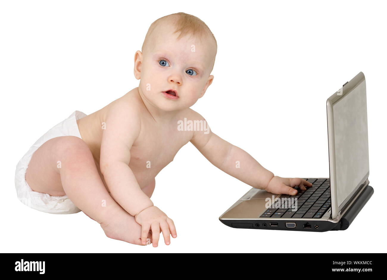 The small nice child with the laptop isolated on a white background ...