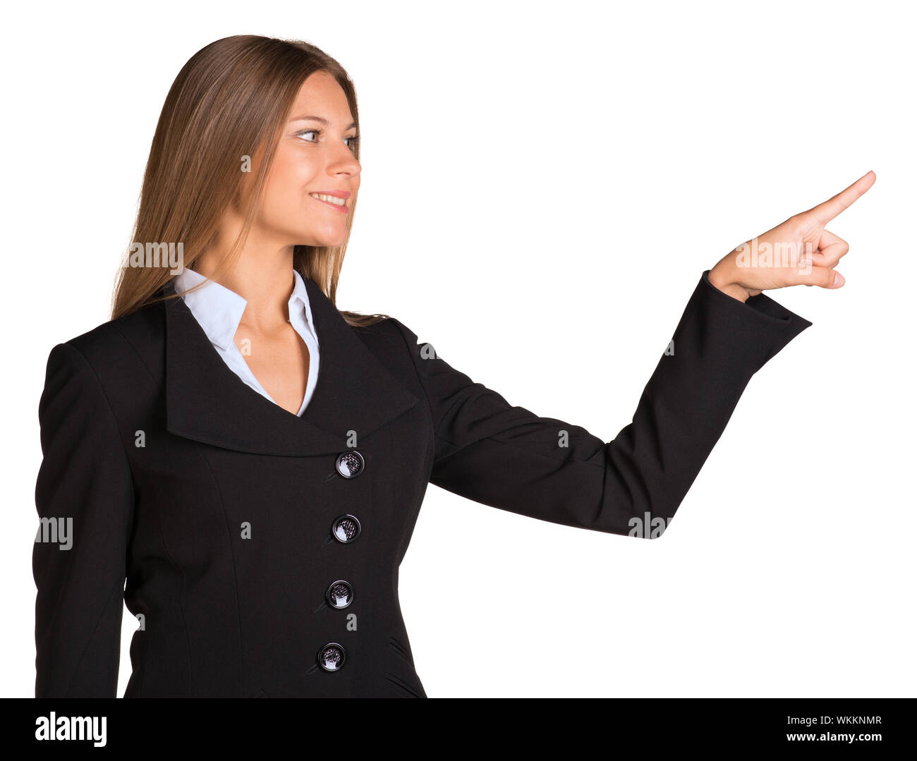 Businesswoman pointing her finger forward. Isolated on white background ...