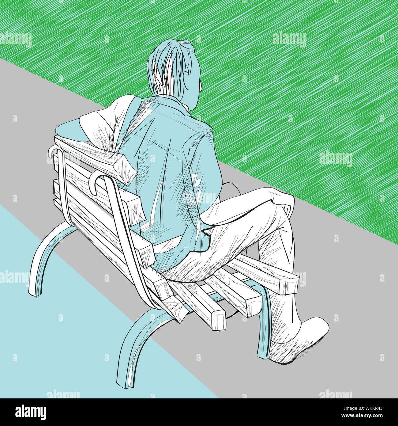 Hand drawn illustration of a men on a bench, artistic composition Stock ...