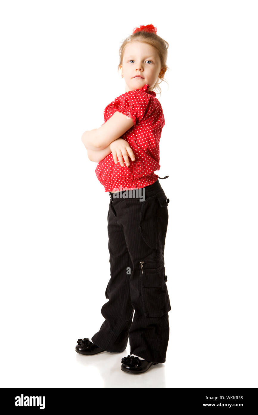 serious five years Girl standing isolated on white Stock Photo - Alamy