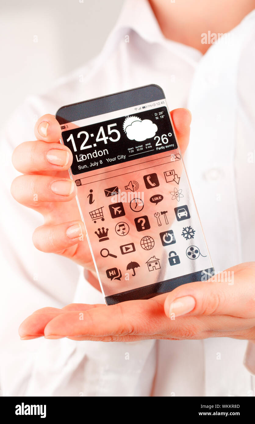 Futuristic Smart phone (phablet) with a transparent display in human ...