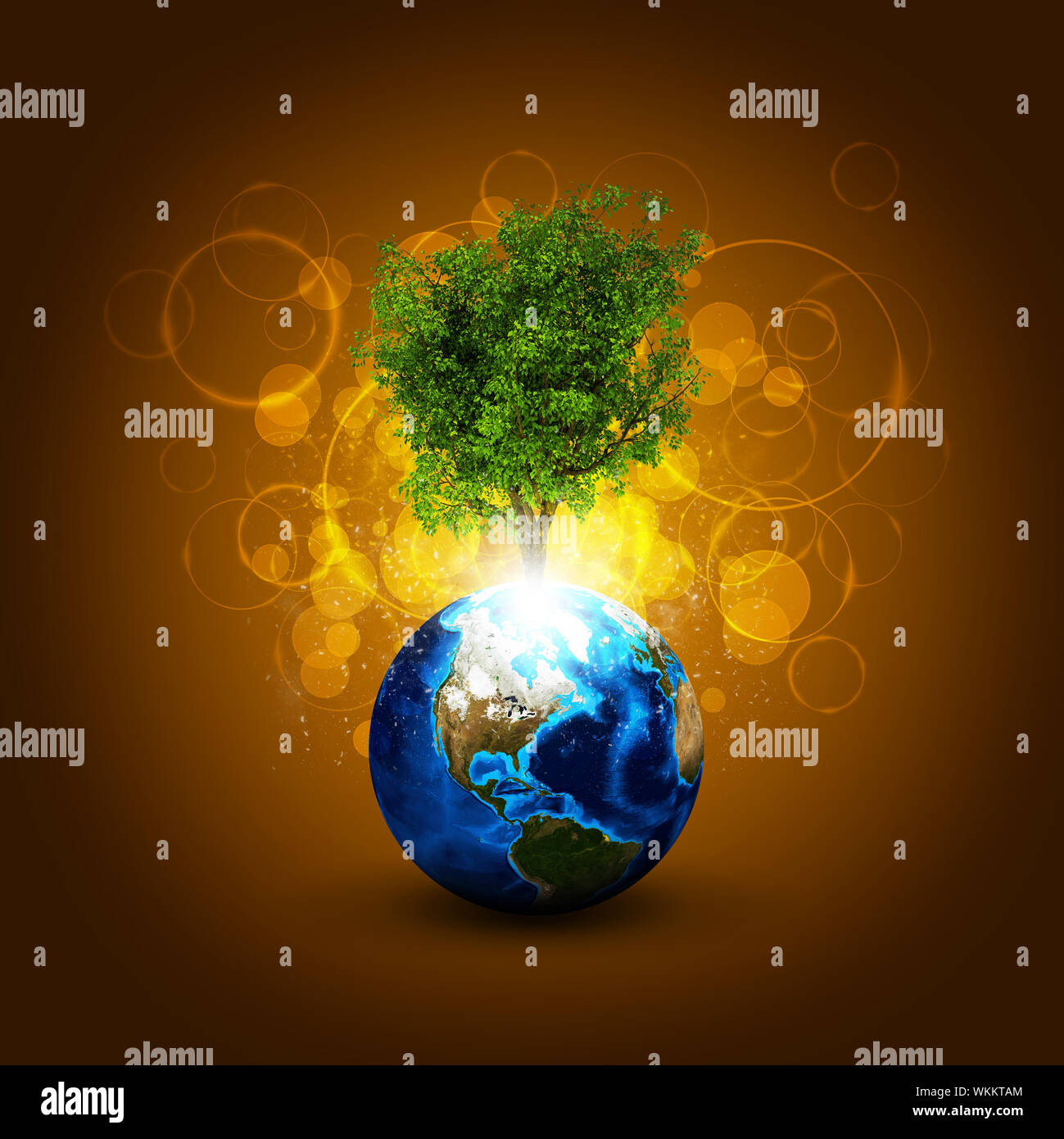 Earth with magical green tree and rays of light on dark background ...