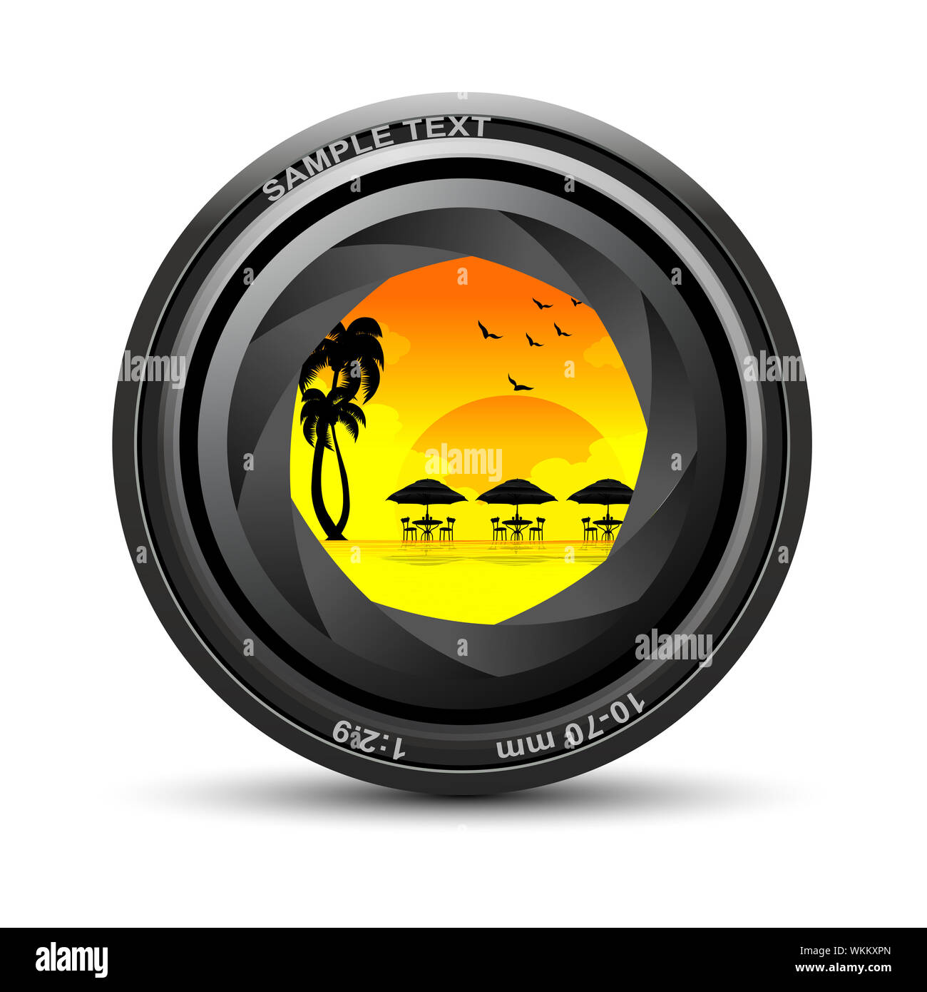 illustration of camera lens with sea beach view on white background ...