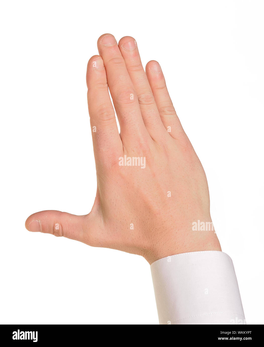 Caucasian male hand in a shirt. Isolated over the white background ...