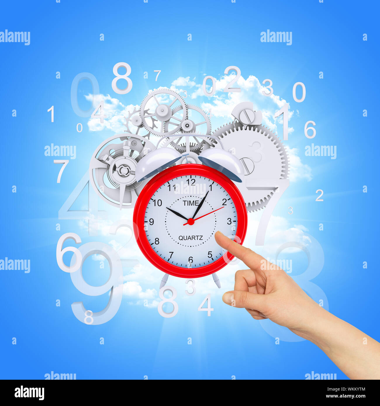 Finger points to alarm clock with figures and gears. Blue sky ...
