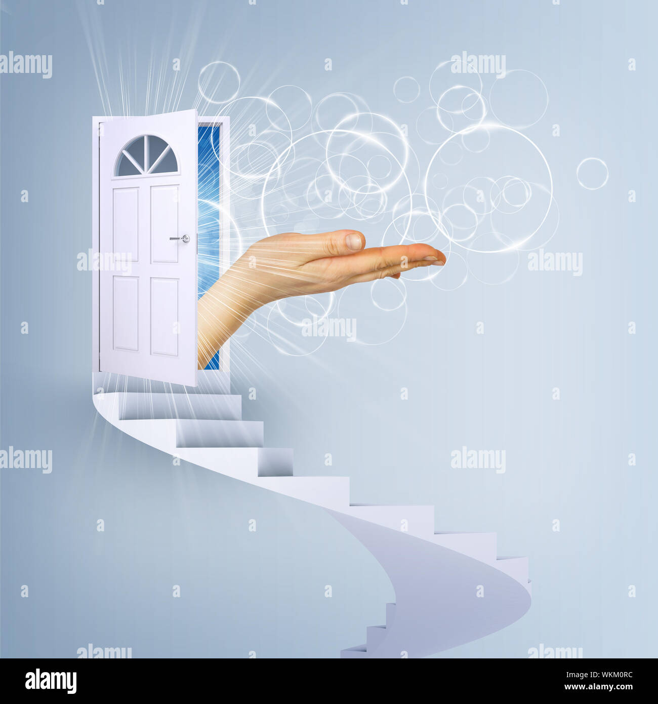 Spiral stairs and magic doors with hand leading to a cloudscape Stock ...