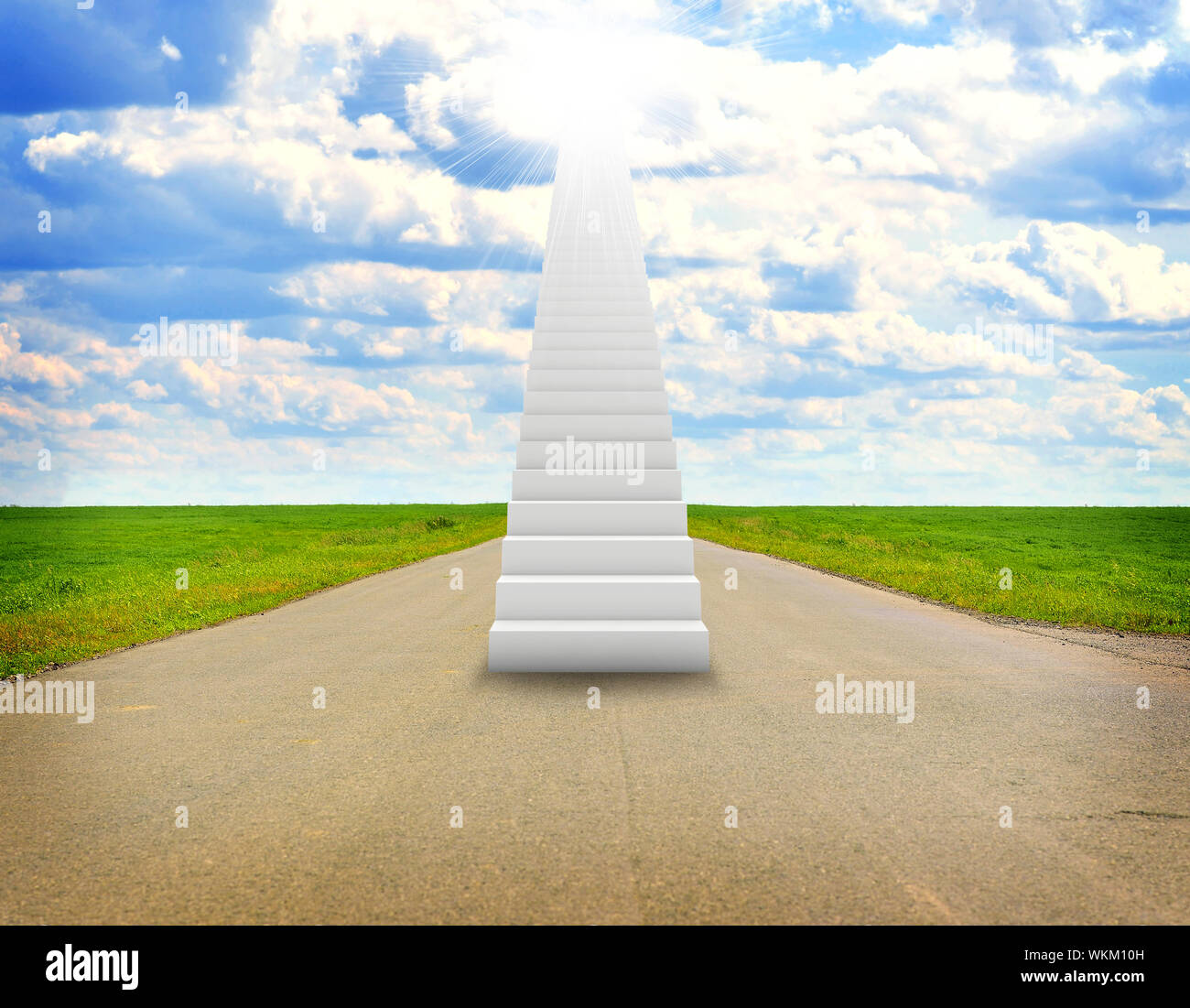 Stairs in sky with green grass, road and clouds. Concept background ...