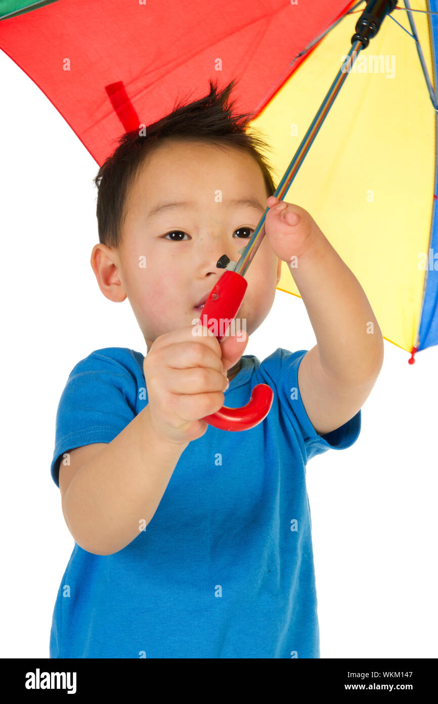 Portrait of a disabled Chinese boy with one hand isolated over white ...