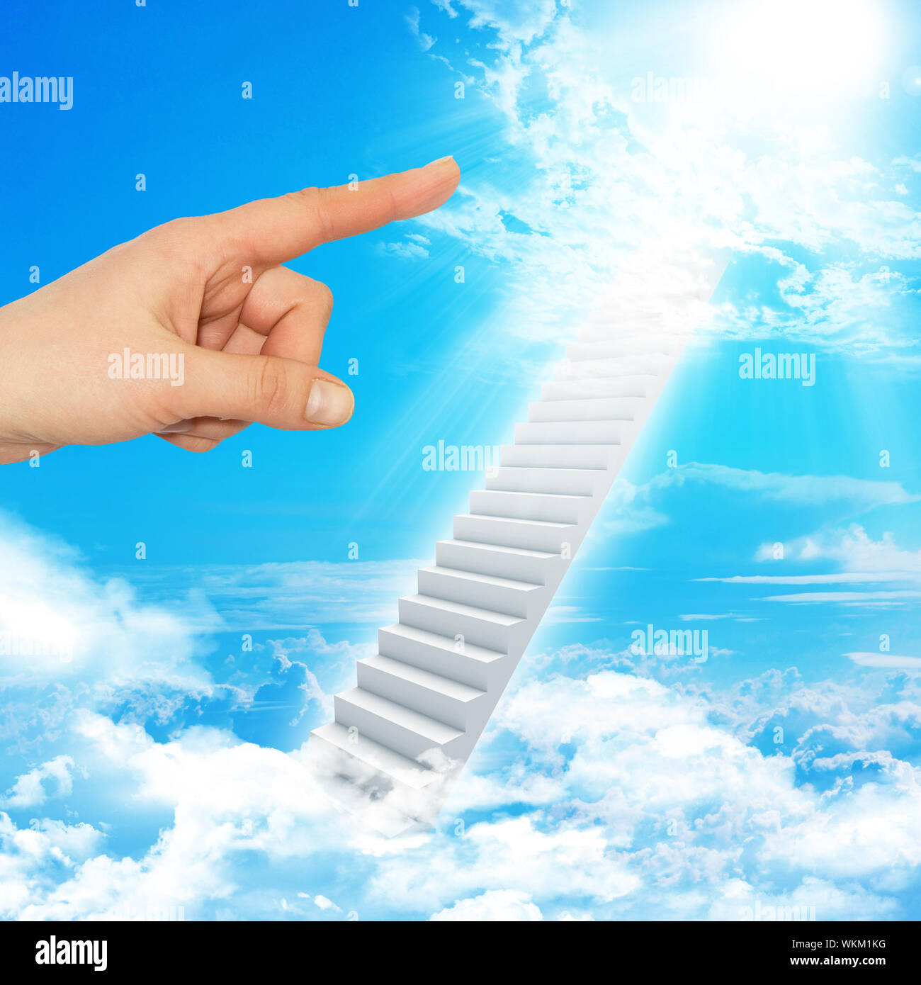 Finger indicates stairway to heaven with clouds and sun. Concept ...