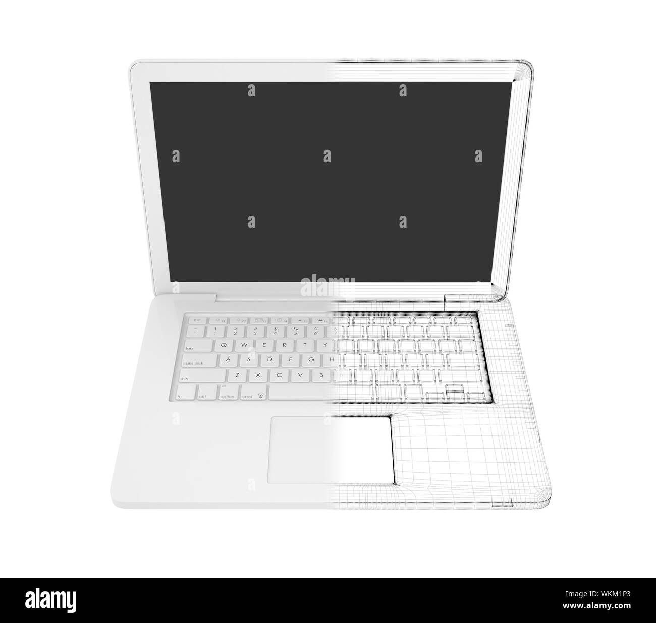 Half of the laptop - wire-frame. Isolated render on a white background ...
