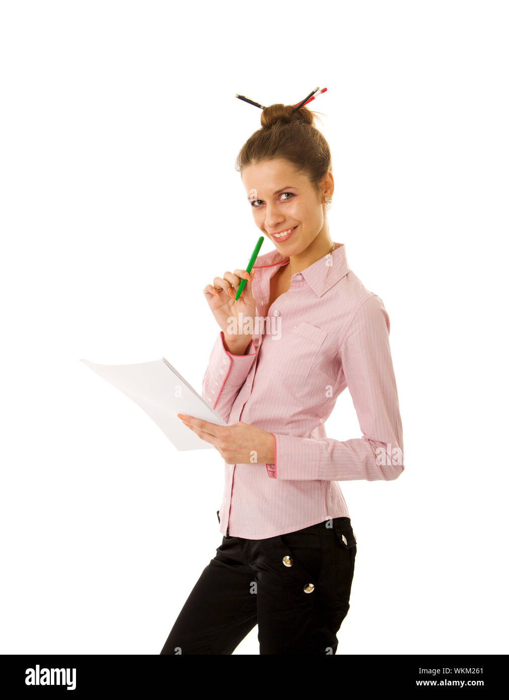 Young cute secretary looking at you isolated on white Stock Photo - Alamy