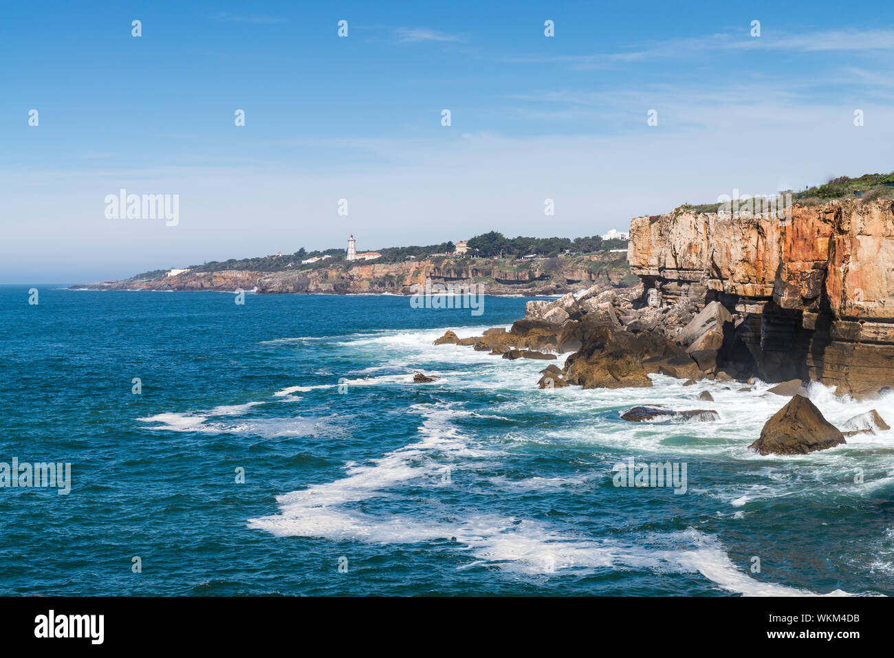 The rocky coastline of Cascais is famous for the cave named, The jaws ...