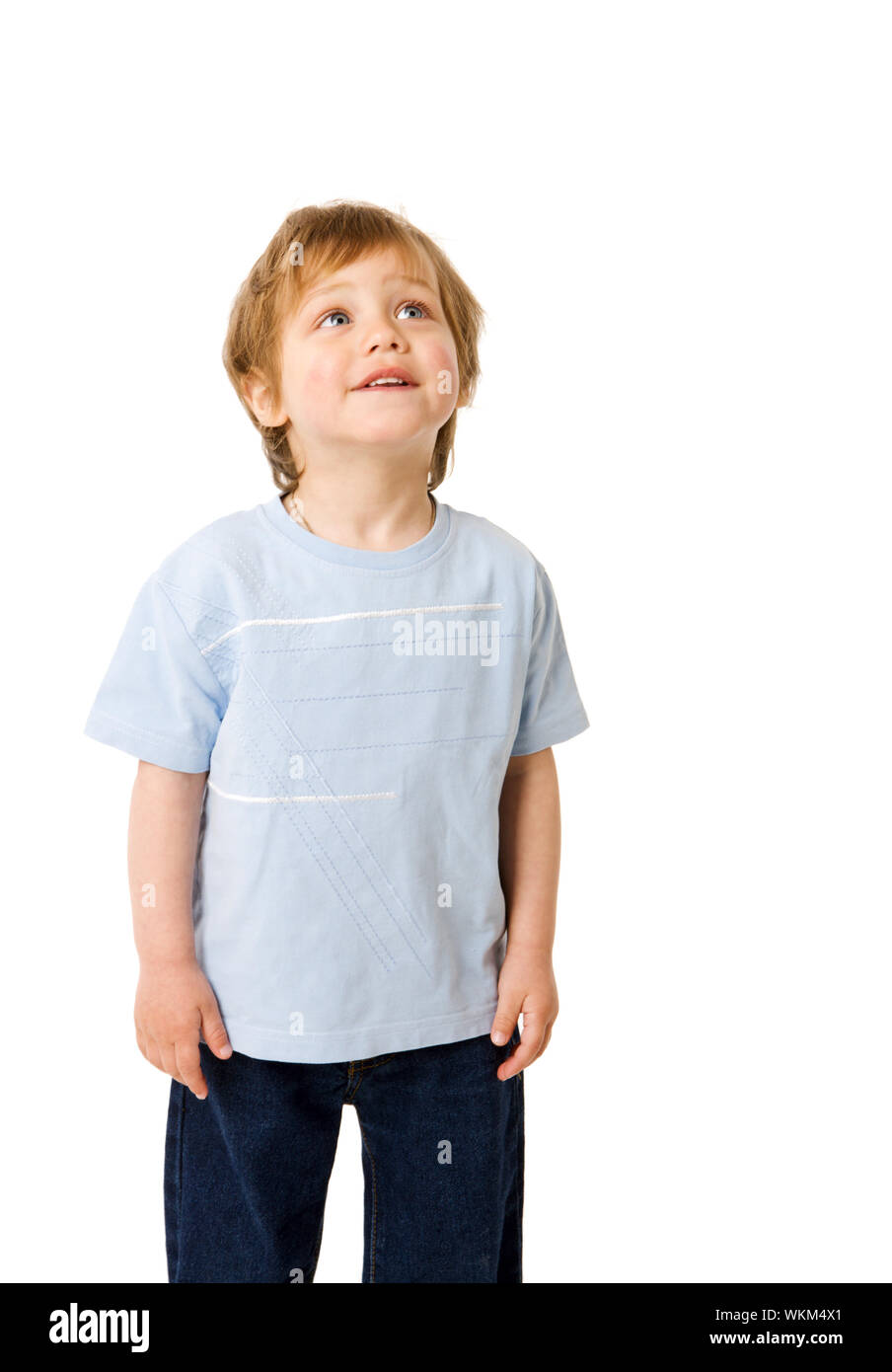 Happy Boy looking up laughing isolated on white Stock Photo - Alamy