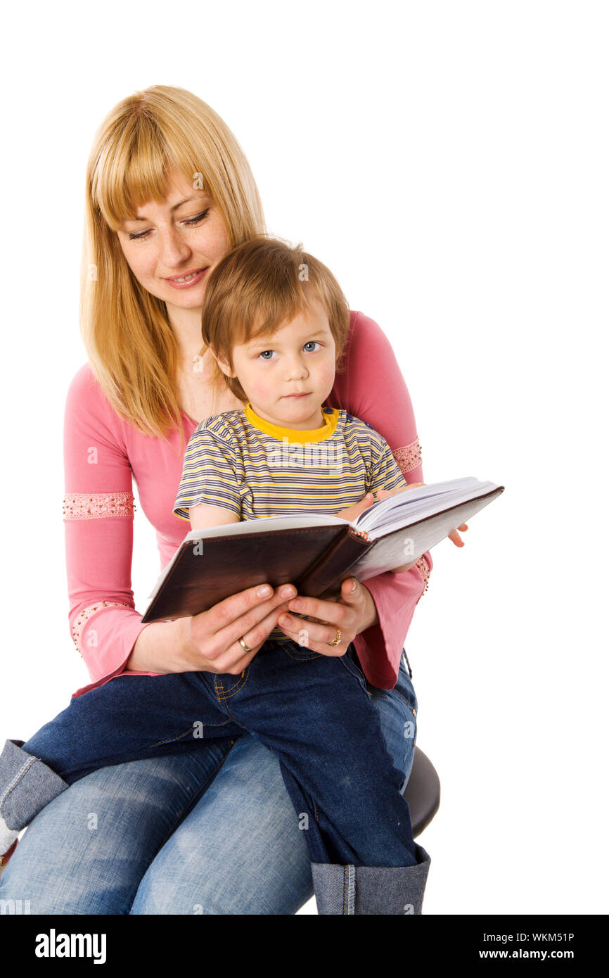 Mother reading book to her son isolated on white Stock Photo - Alamy