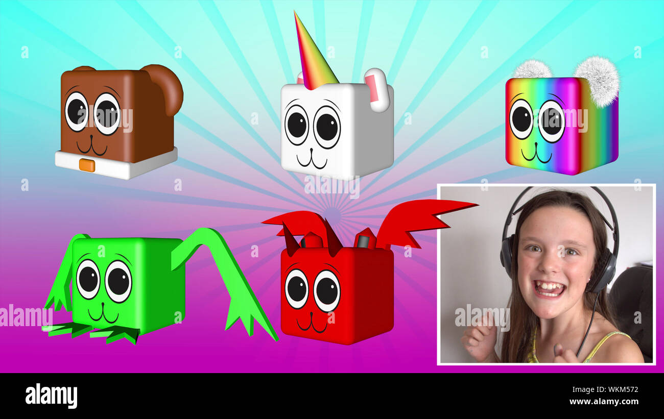 Young girl playing a 3D style block game with pet like characters Stock ...