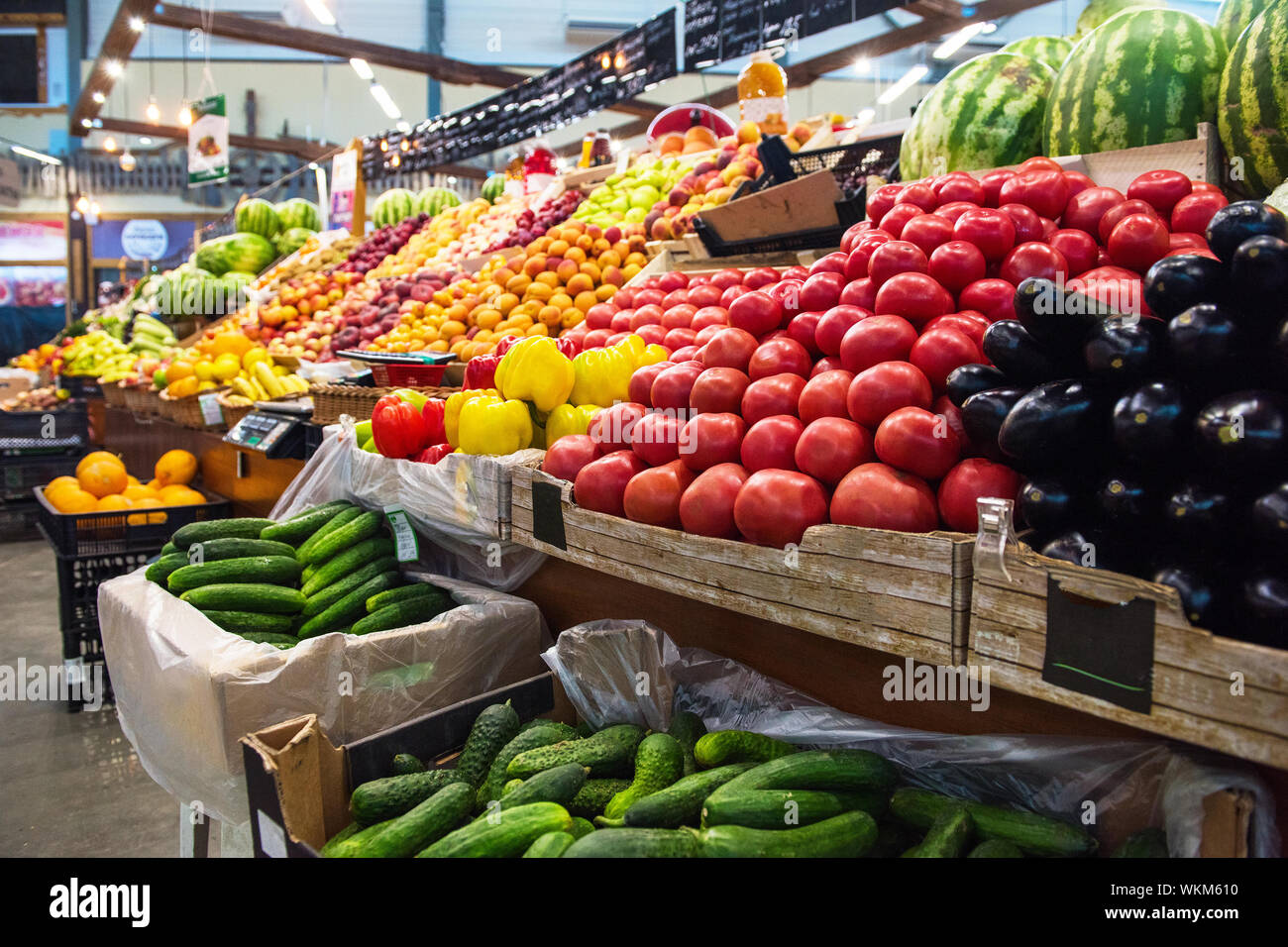 Vegetable farmer market counter: colorful various fresh organic healthy ...