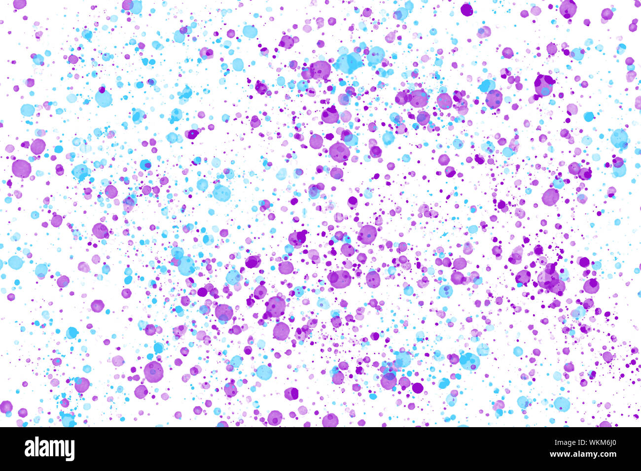 Neon cyan and purple random round paint splashes on white background ...