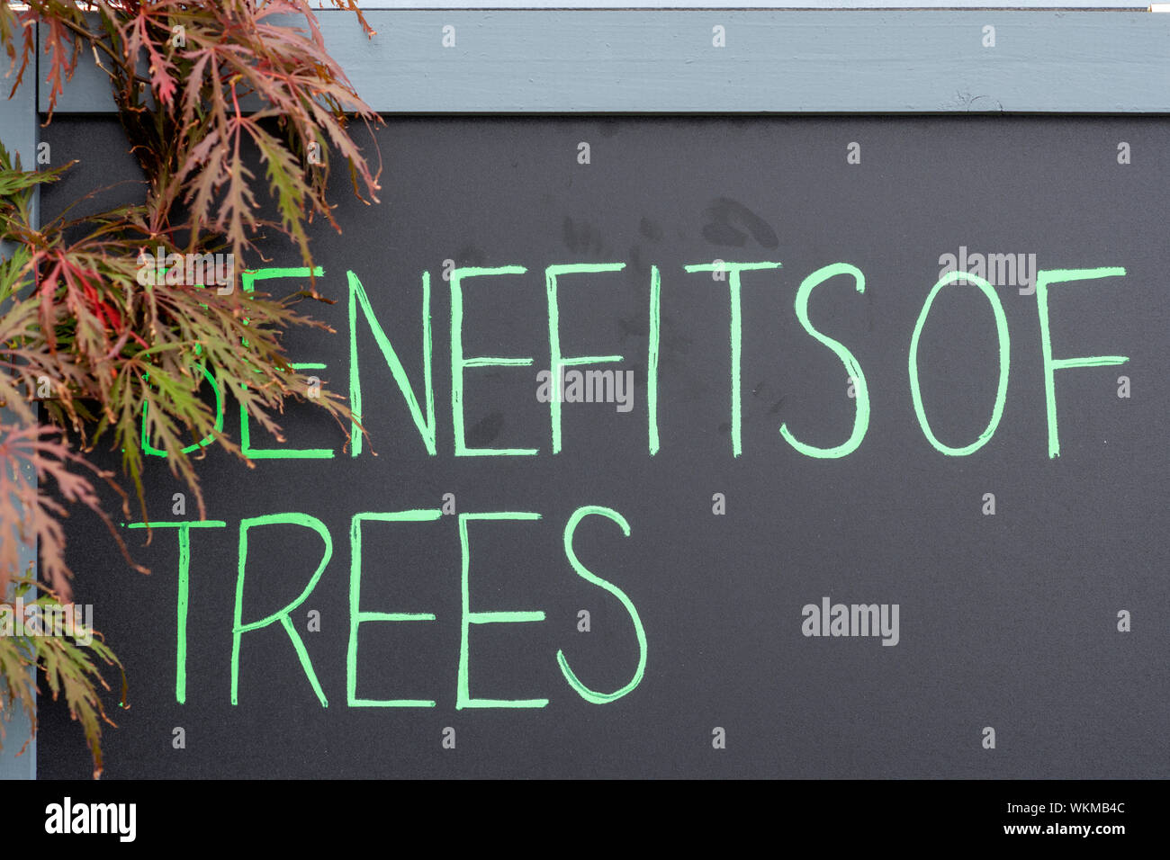 Benefits of Trees sign at RHS Wisley flower show. Surrey, UK Stock ...