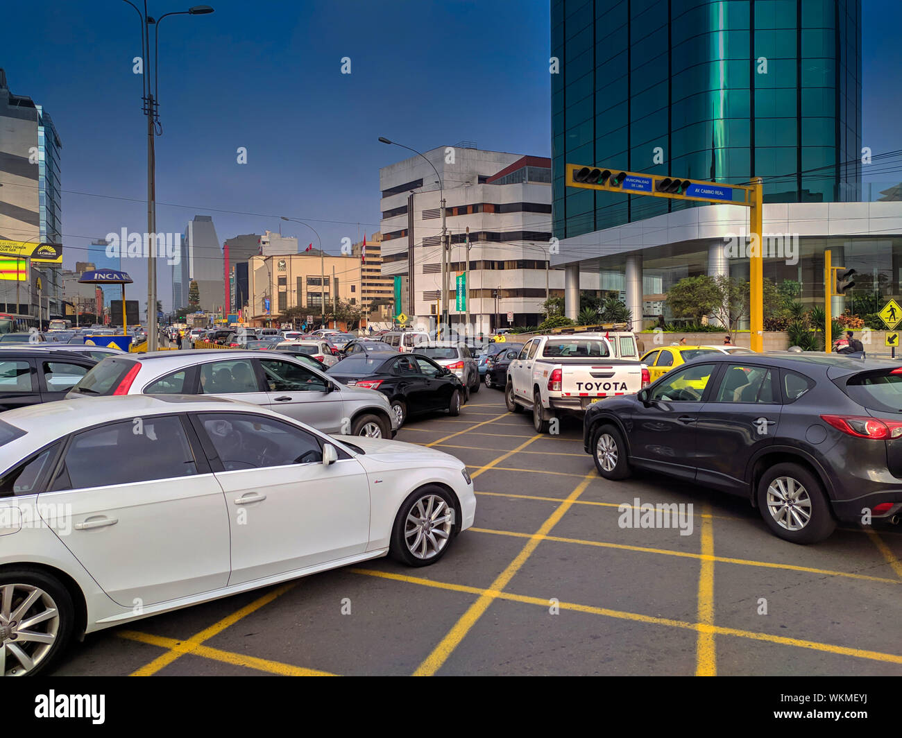 Heavy traffic on the main highway Javier Prado in the district of San ...
