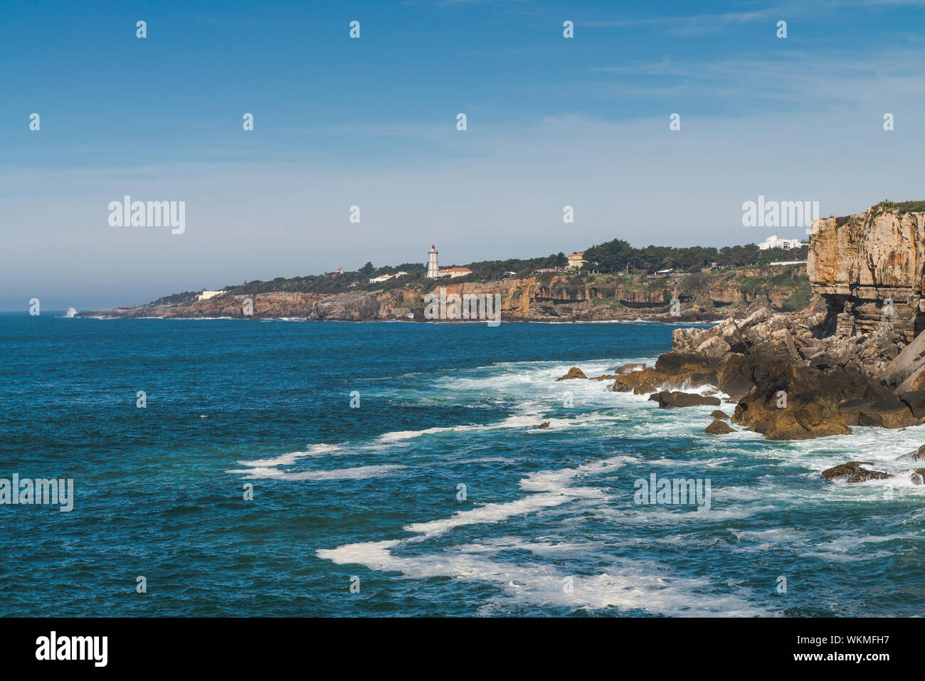 The rocky coastline of Cascais is famous for the cave named, The jaws ...