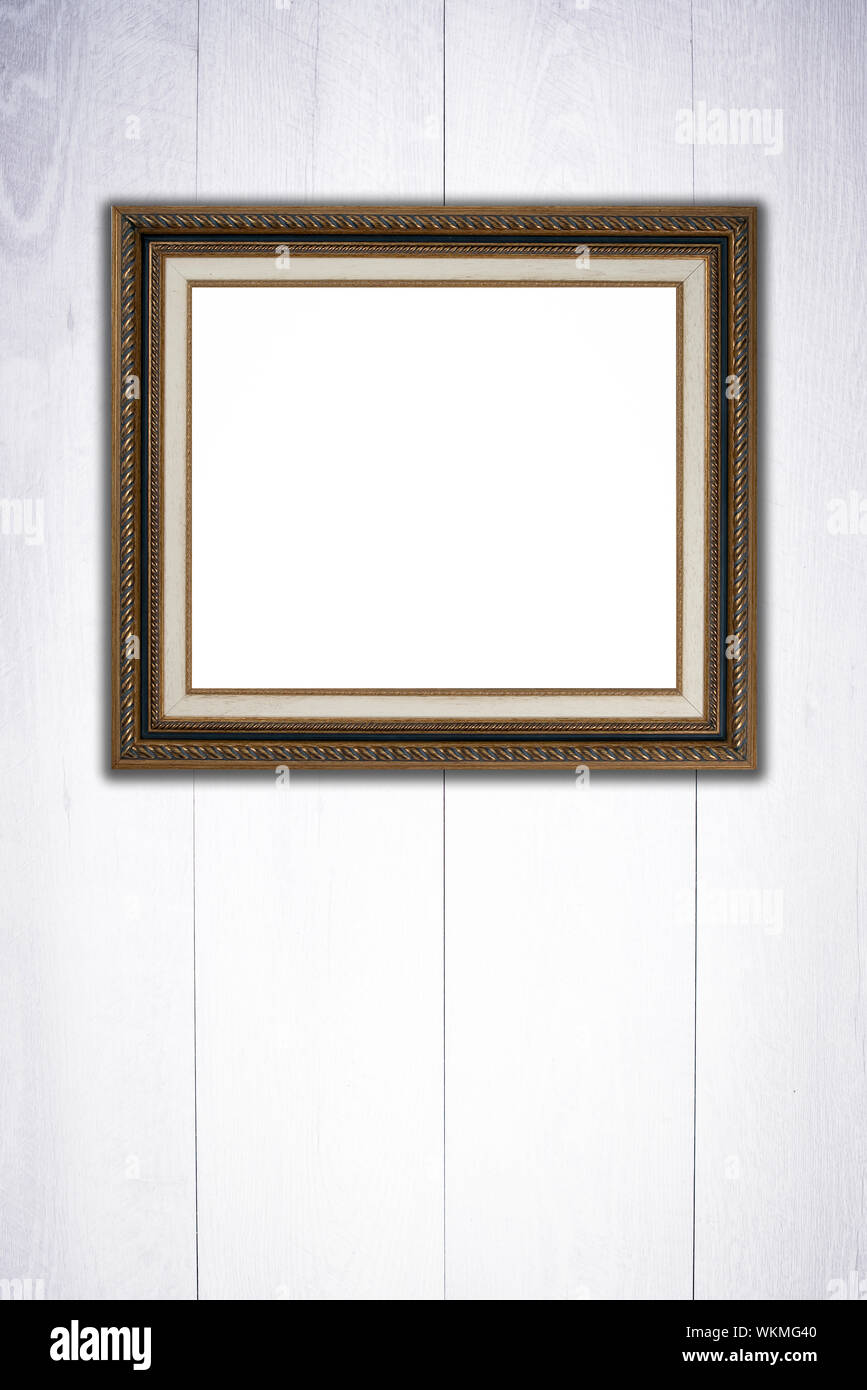 Old picture frame on vintage wood wall Stock Photo - Alamy